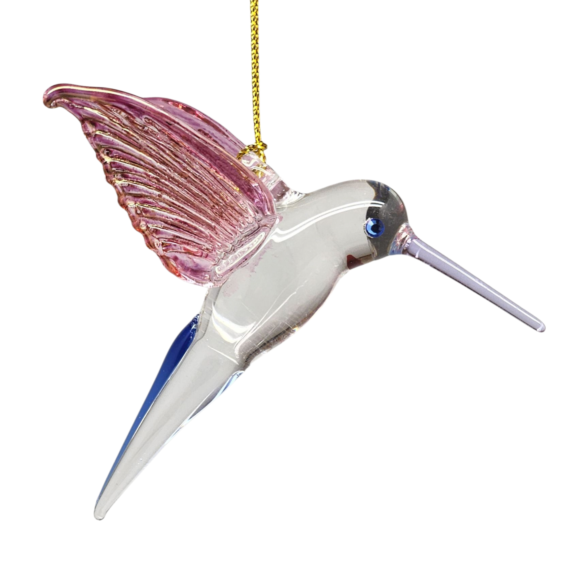 Feeding Hummingbird glass Ornament - Pink Wings / Blue Tail / Blue Bea ...